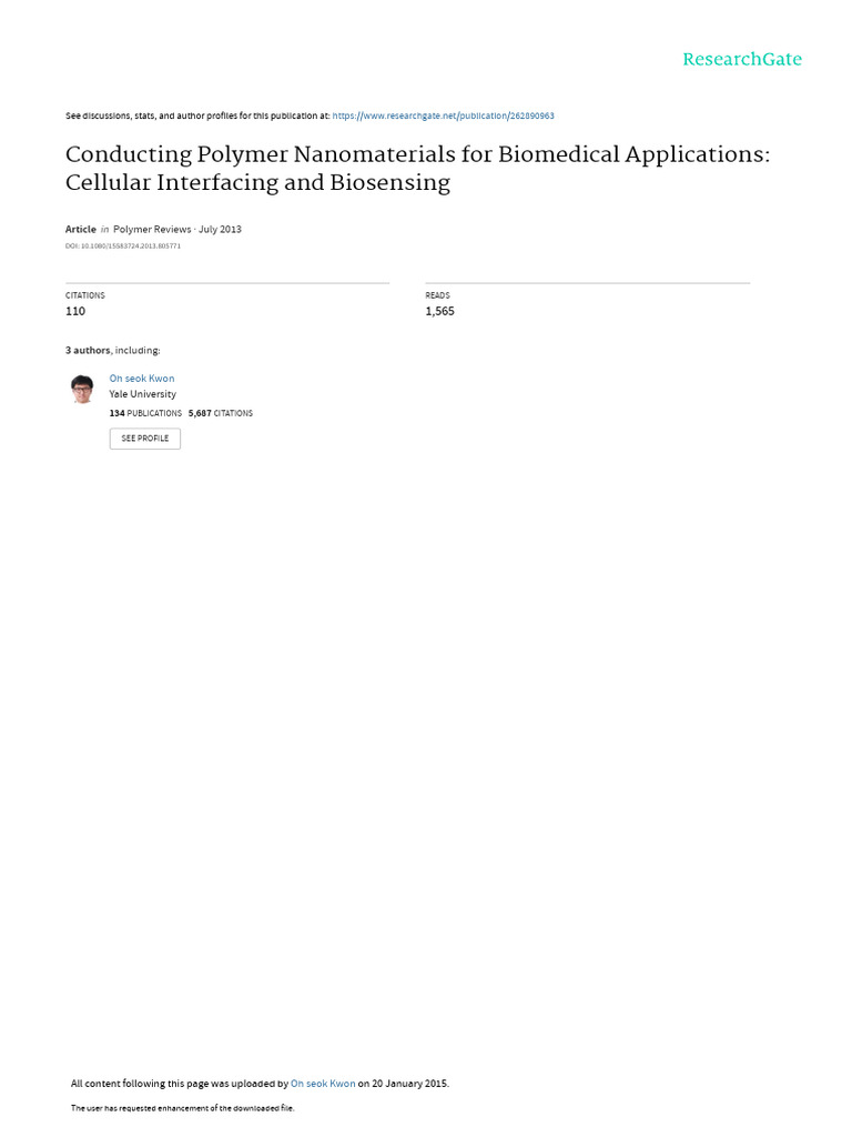 Conducting Polymer Nanomaterials For Biomedical Applications: Cellular ...