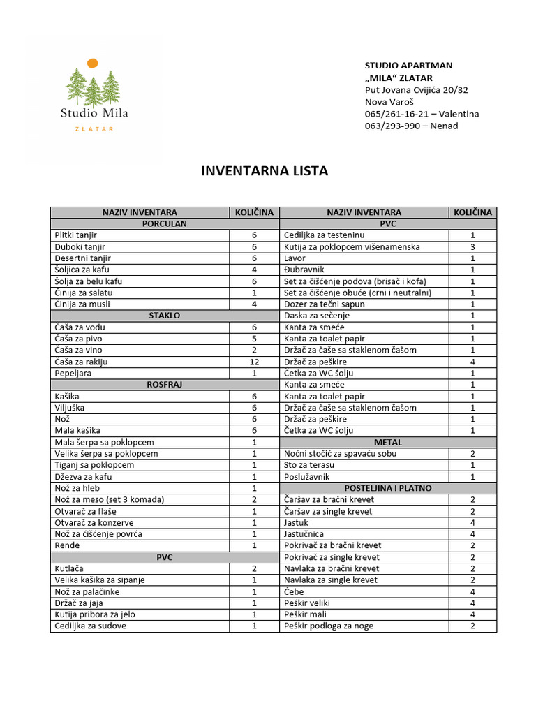 Inventarna Lista Studio Apartman MILA | PDF