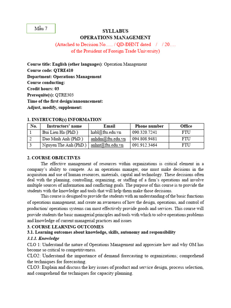Operations Management Course Syllabus | PDF | Lecture | Lean Manufacturing