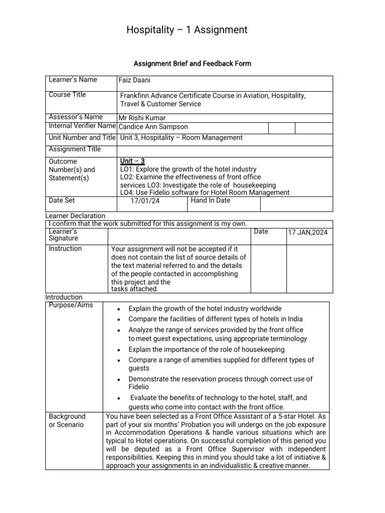 Hospitality Room Management Assignment | PDF | Hotel | Hospitality Industry