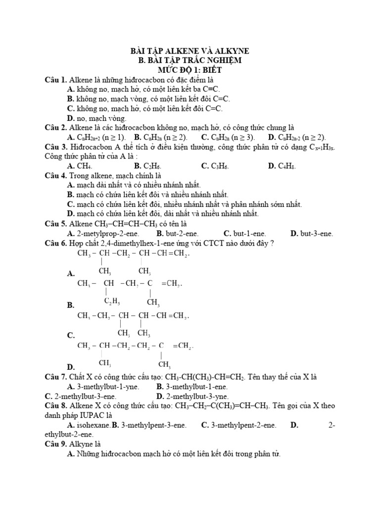 BÀI TẬP ALKENE VÀ ALKYNE | PDF