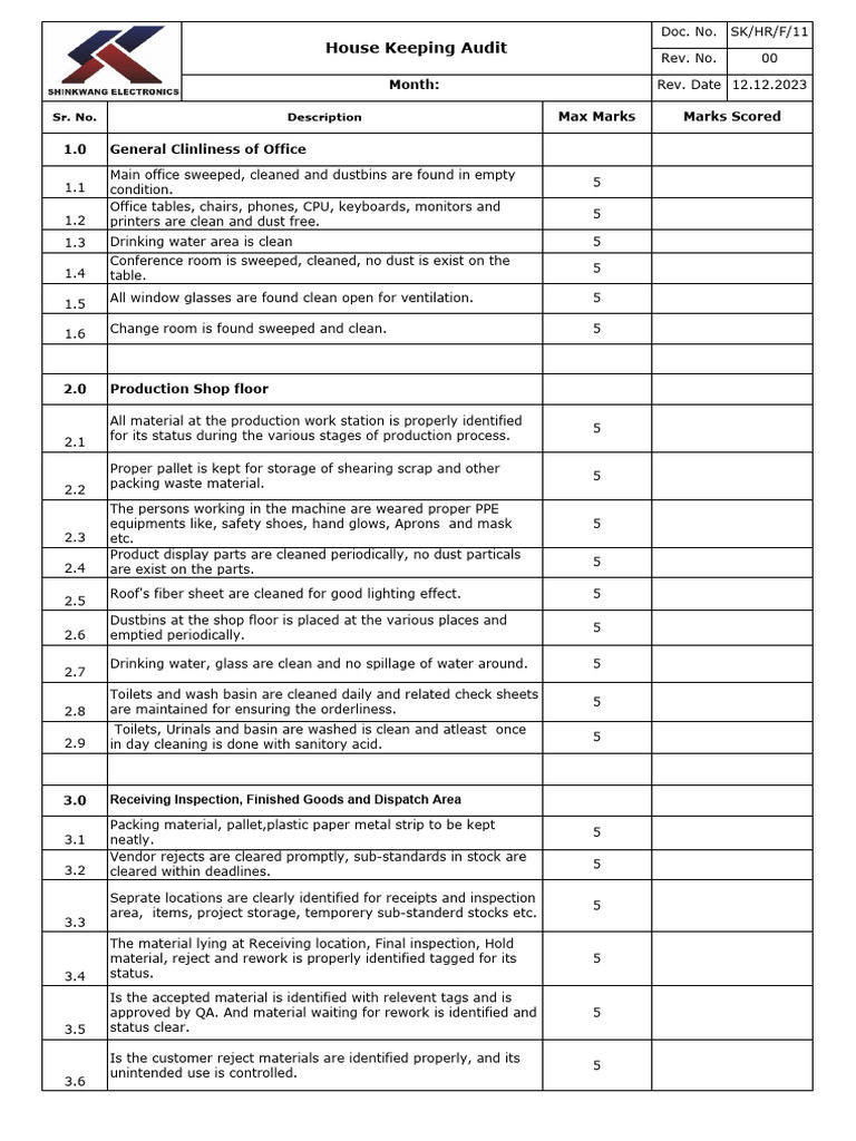 Monthly House Keeping Audit Check Sheet | PDF