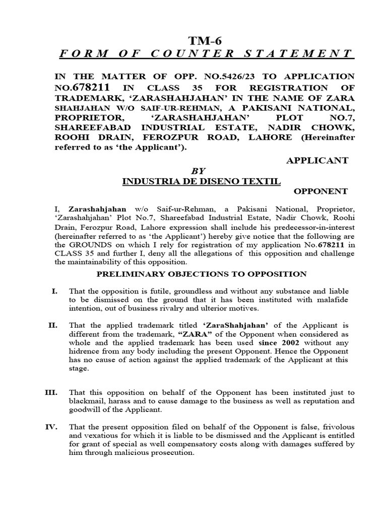 Opposition to ZaraShahjahan Trademark | PDF | Trademark | Shoe