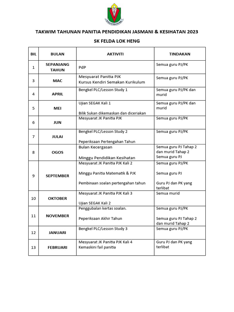 Takwim Tahunan PJK 2023 | PDF