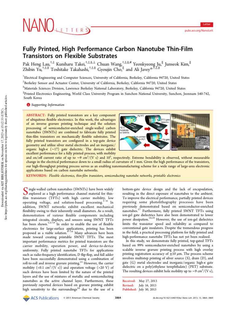 Lau Et Al 2013 Fully Printed High Performance Carbon Nanotube Thin Film Transistors On Flexible ...