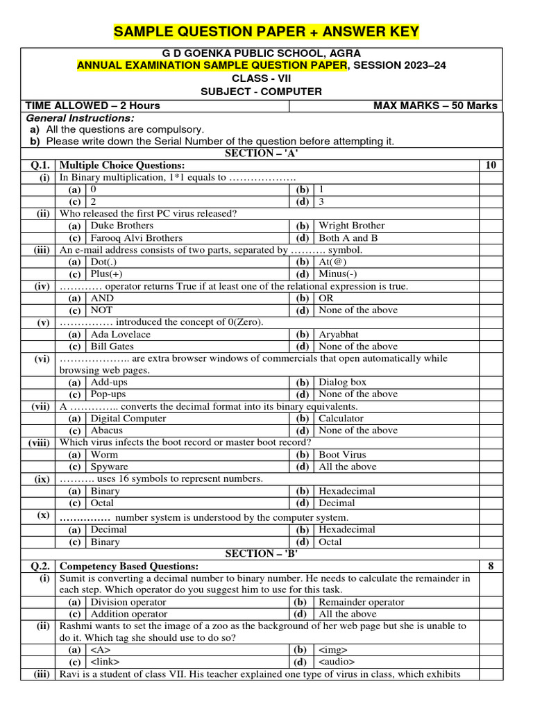Class VII Sample Paper | PDF | Computer Virus | Html Element
