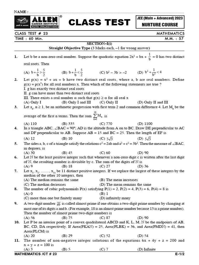 23 Class Test (N-TOPS, TNPS) - Student | PDF | Mathematics | Algebra