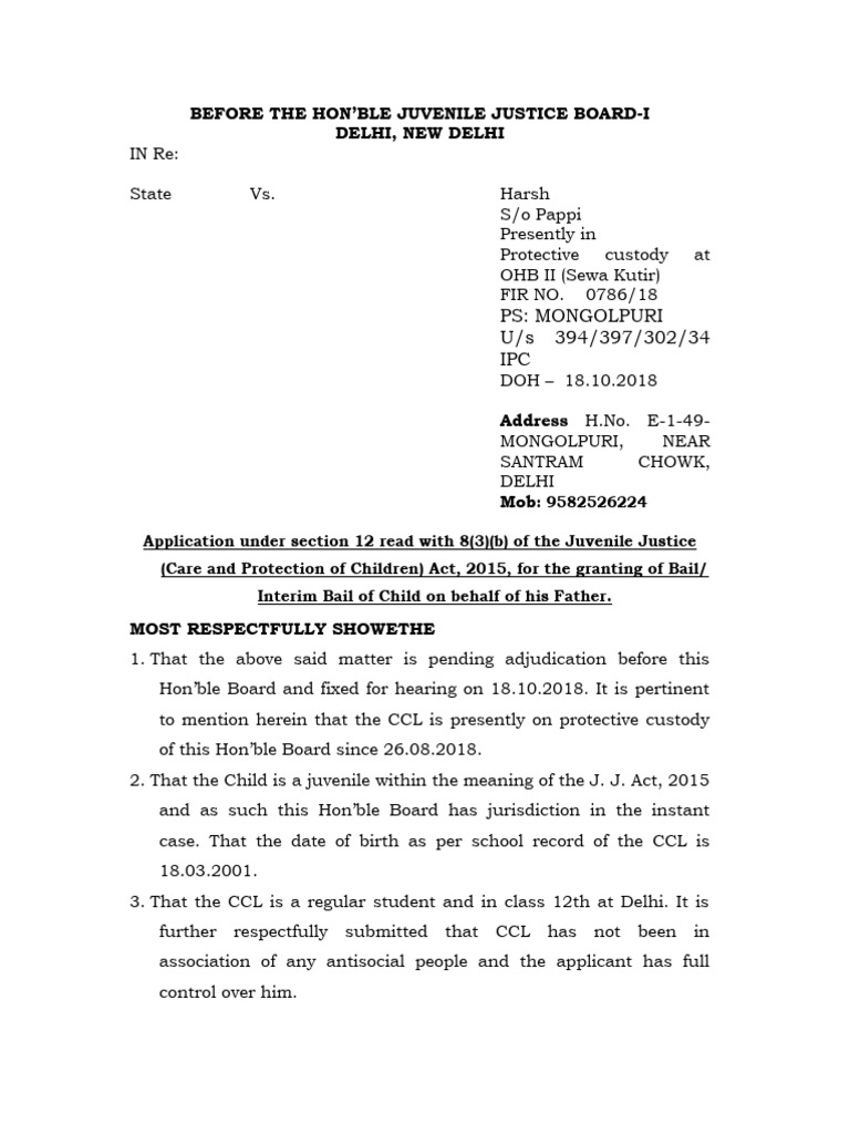 Bail Application Harsh JJB II | PDF | Law
