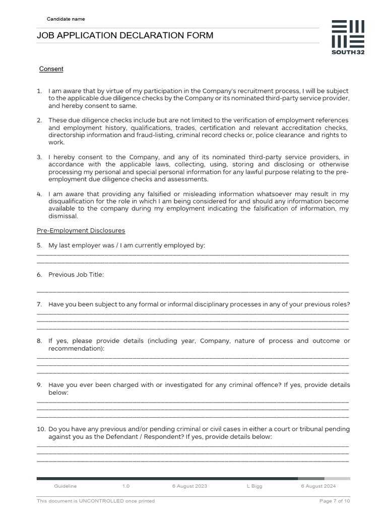 Applicant Declaration Form (South Africa) | PDF