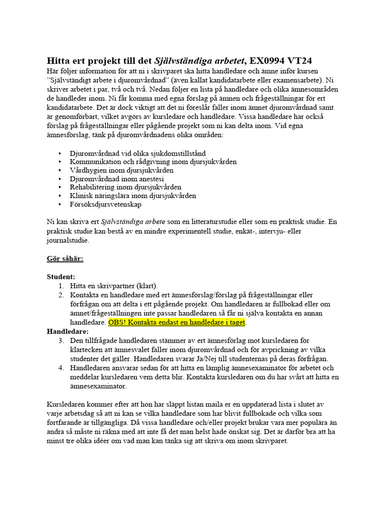 Information Och Lista Över Handledare Och Ämnen DSS EX0994 VT24 | PDF