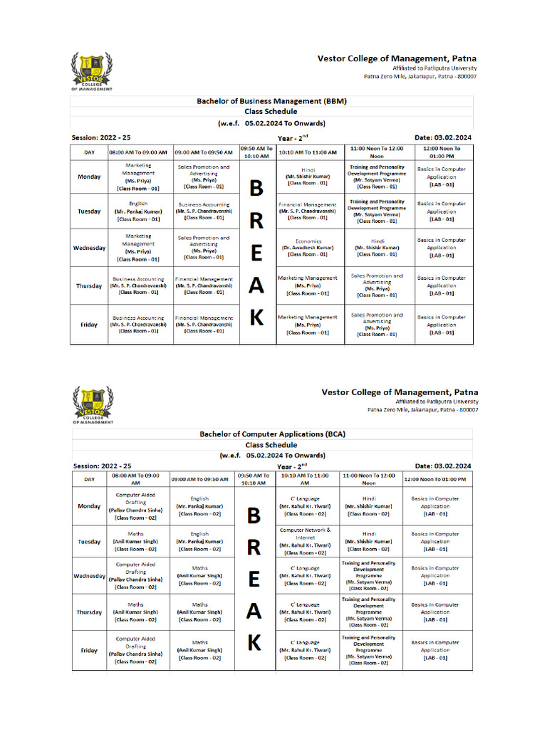 BBM & BCA Class Schedule - 2nd Year 03.02.2024 | PDF