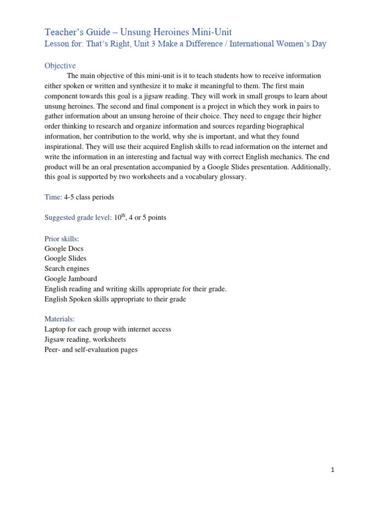Unsung Heroines Teacher's Guide Mini Unit | PDF | Human Communication | Learning