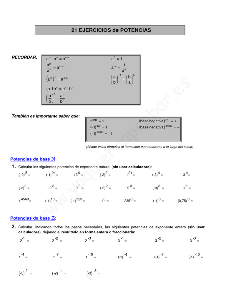 21 Ejercicios de Potencias | PDF | Matemáticas