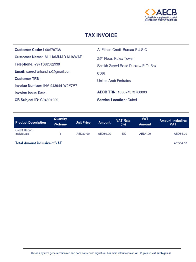 AECB Tax Invoice for Credit Report | PDF | Technology & Engineering