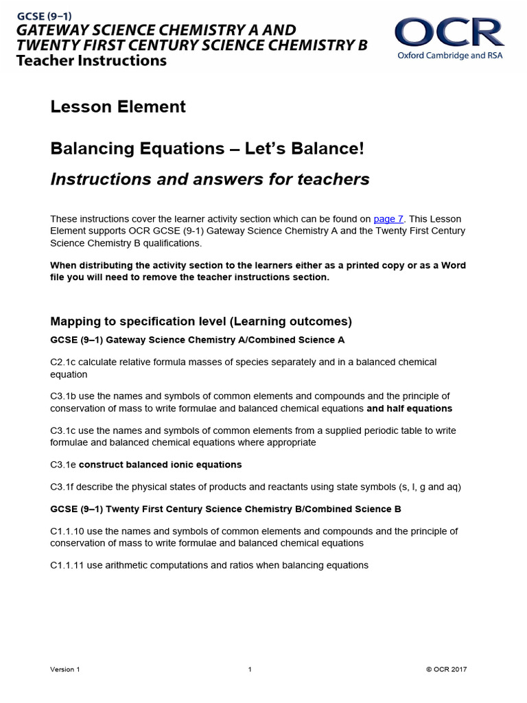 Balancing Equations Let S Balance Lesson Element | PDF