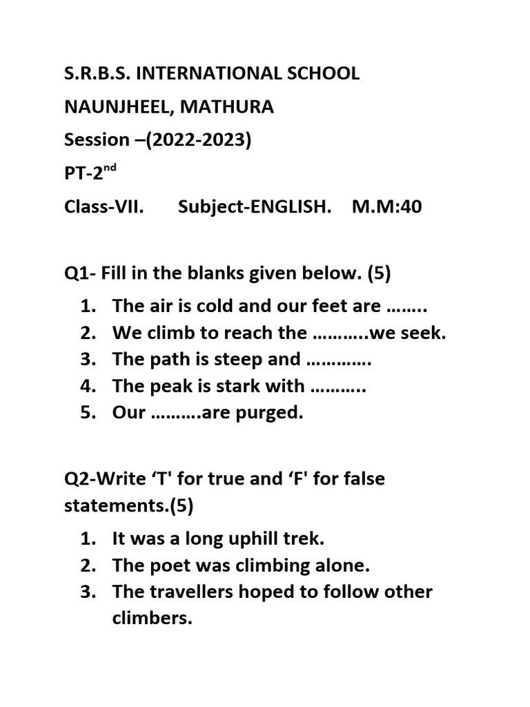Class-VII, English Exam Paper pt-2nd | PDF