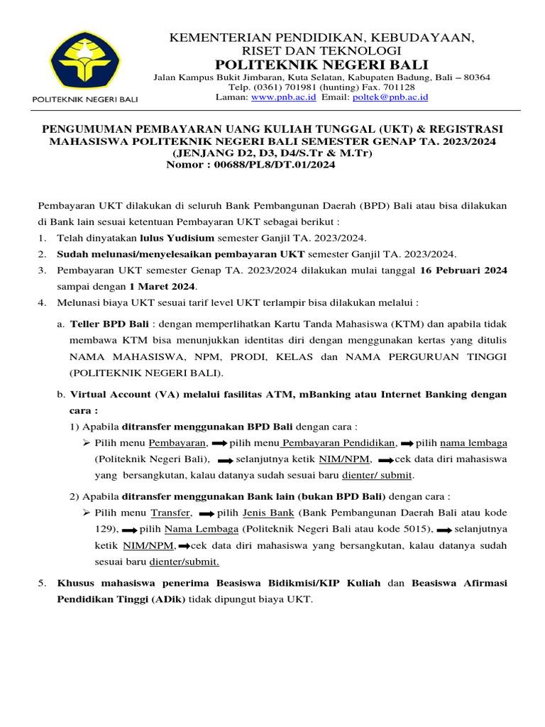 Pengumuman Pembayaran UKT Dan Regis Mhs PNB SMT Genap 2023 2024 | PDF