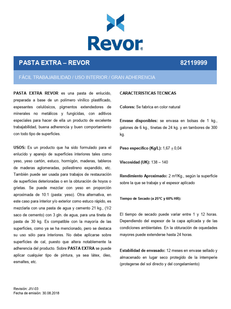 Pasta Extra Revor: Enlucido Interior | PDF | Yeso | Cemento