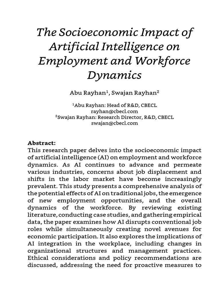 The Socioeconomic Impact of Artificial Intelligence On Employment and Workforce Dynamics ...