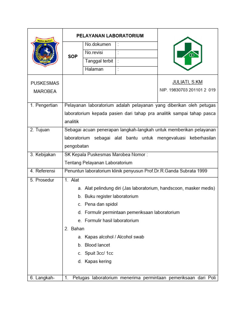 Sop Pelayanan Laboratorium | PDF