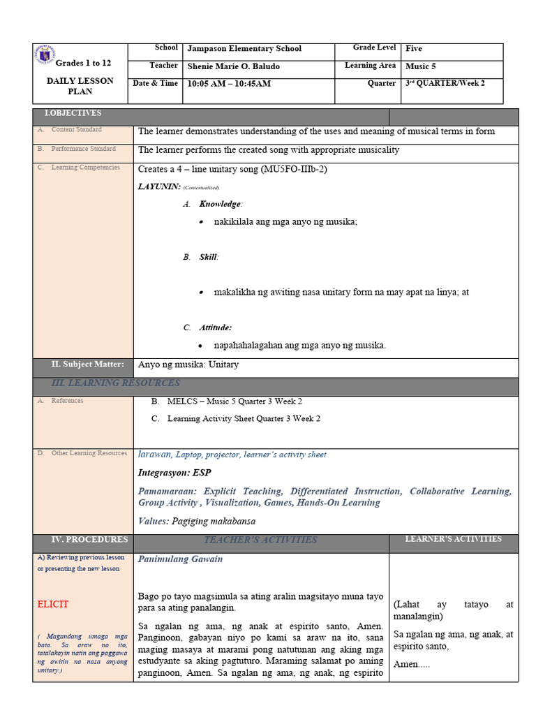Grade 5 Music Week 2 Lesson Plan | PDF