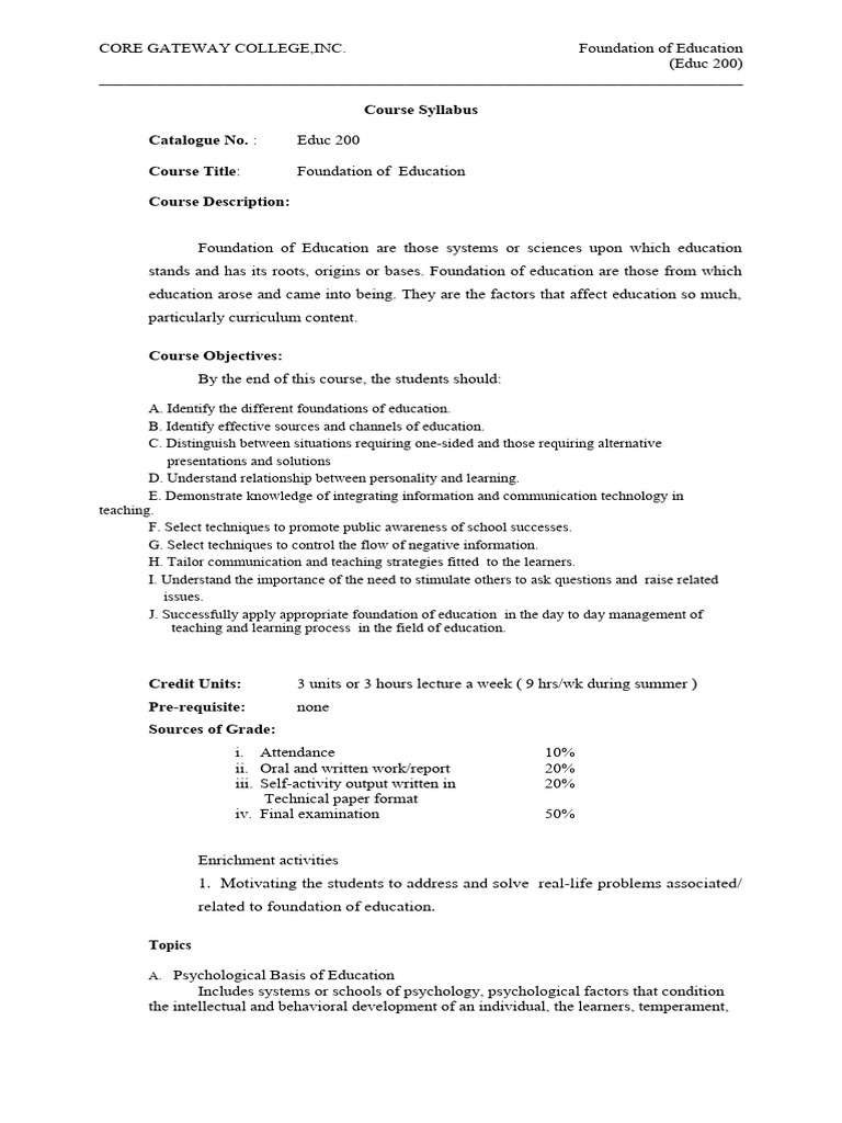 Educ 200: Foundations of Education Syllabus | PDF