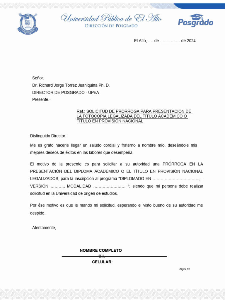 MODELO DE CARTA DE PRÓRROGA DIPLOMADO 2024 | PDF