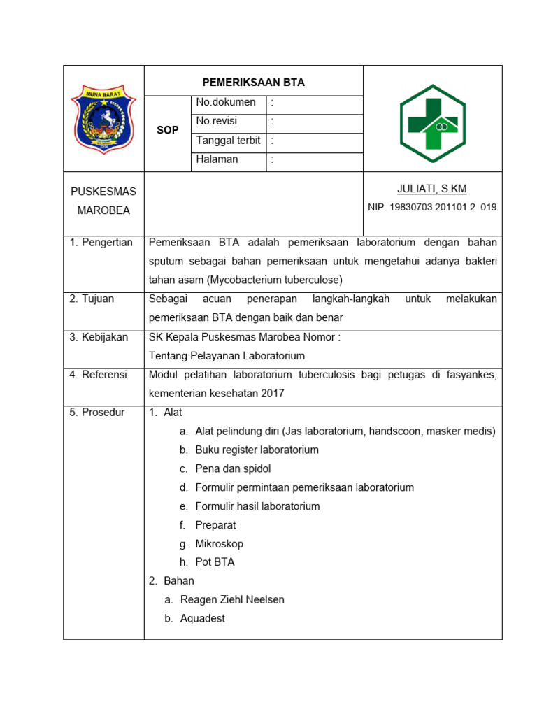 Sop Pemeriksaan Bta | PDF
