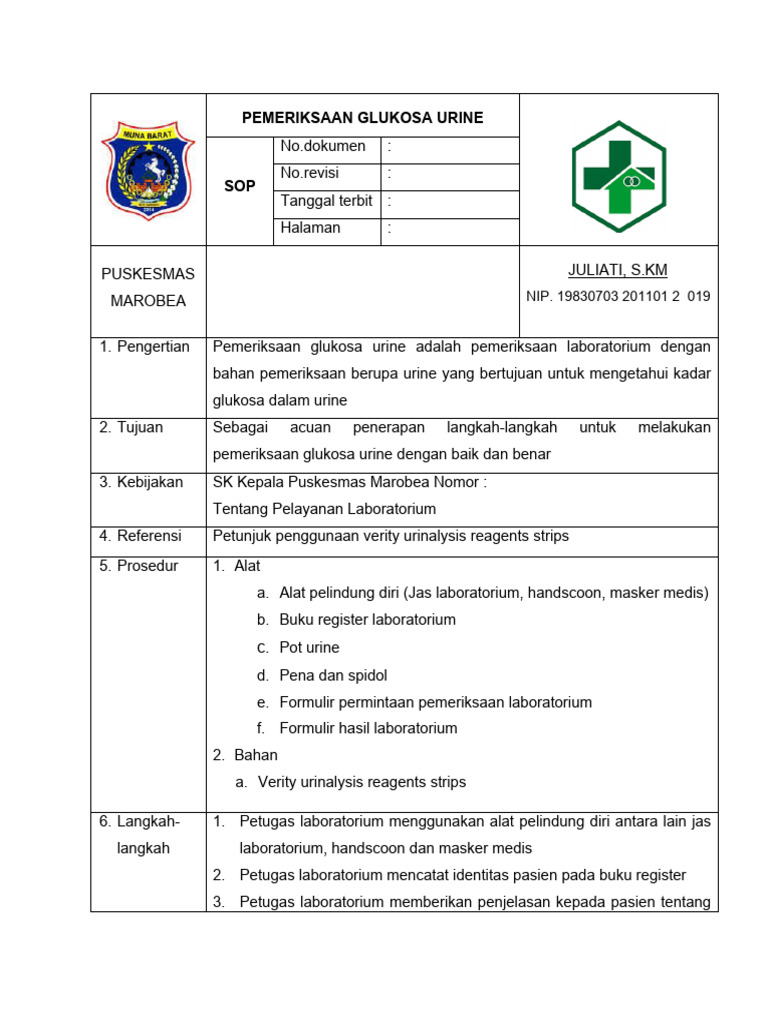 Sop Pemeriksaan Glukosa Urine | PDF