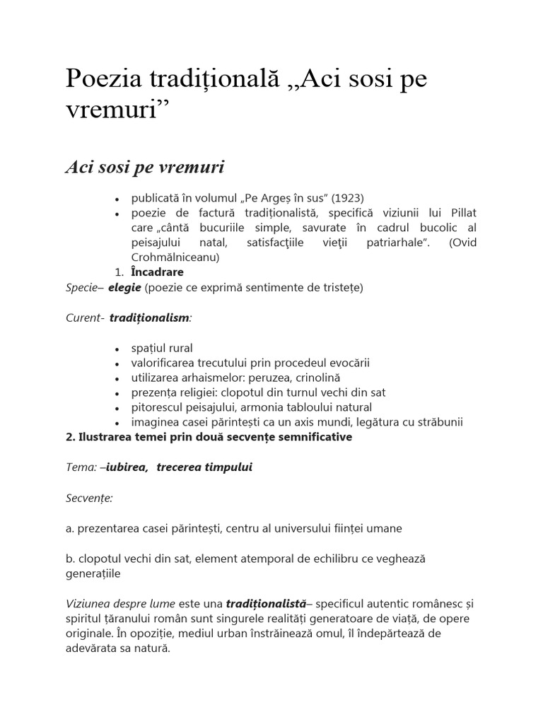 Schita Aci Sosi Pe Vremuri "Poezia Tradițională | PDF