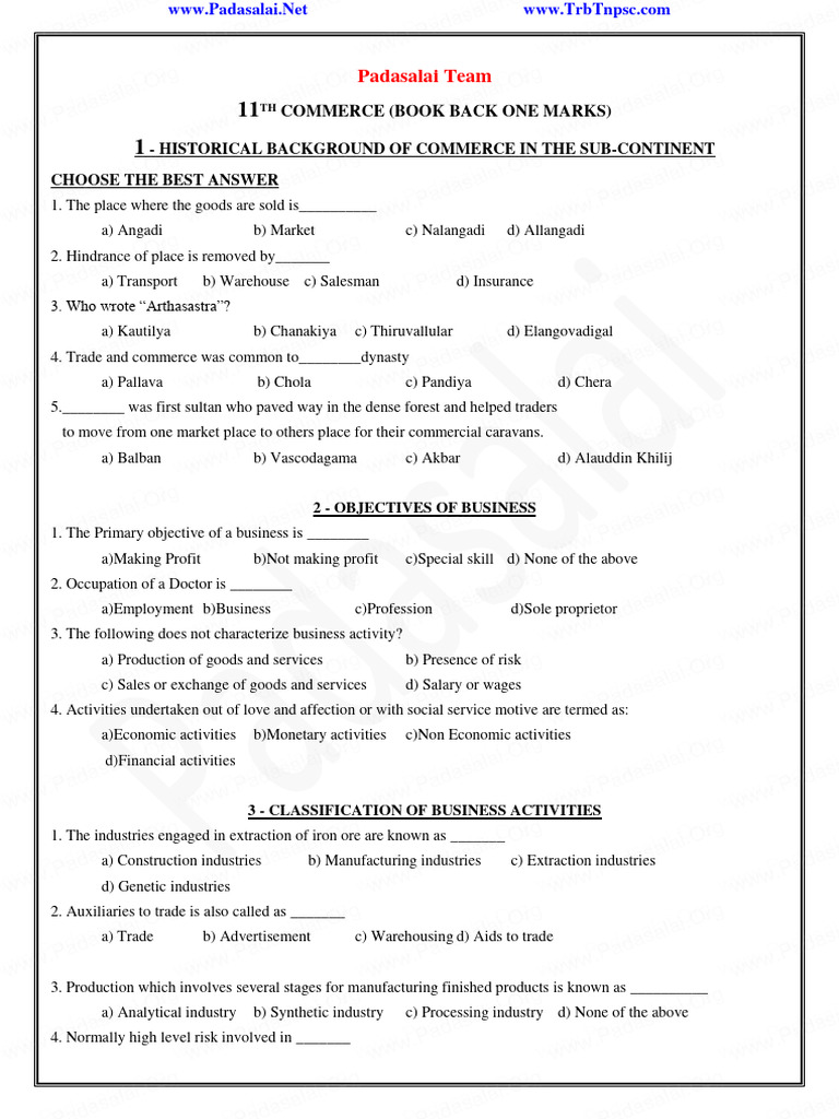 11th Commerce Book Back One Mark Questions English Medium | PDF