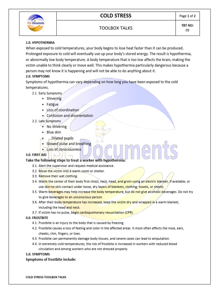 Cold Stress - Toolbox Talks | PDF | Hypothermia | Human Diseases And ...