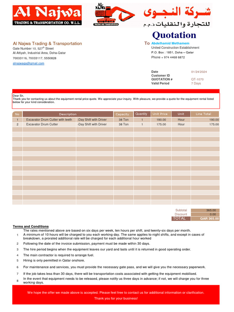 Excavator Rental Quotation - Qatar | PDF | Economies