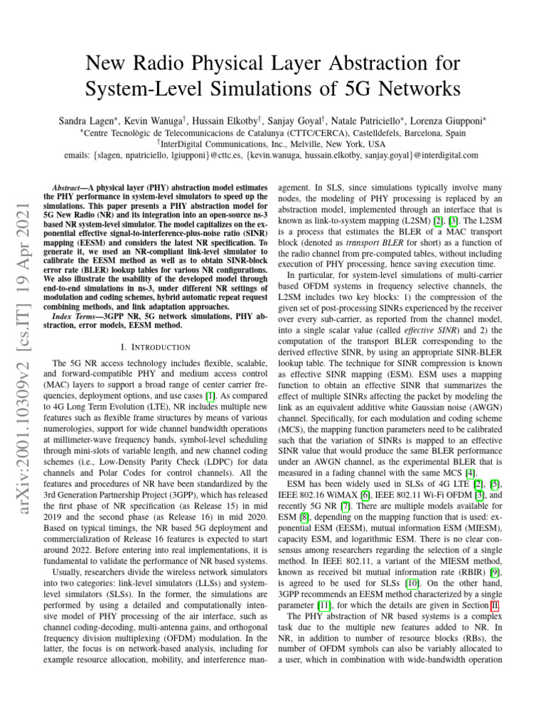 New Radio Physical Layer Abstraction For System-Level Simulations of 5G Networks | PDF