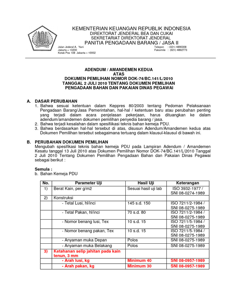 Adendum Spesifikasi Kemeja PDU | PDF