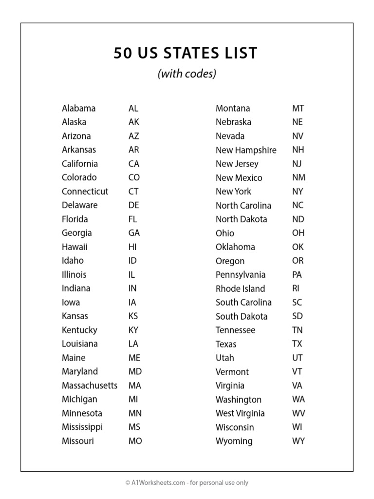 Us States List With Codes | PDF