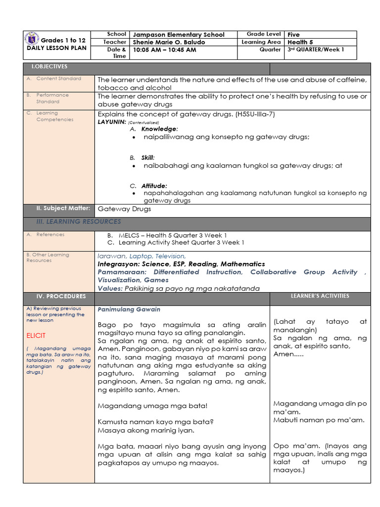 Checked Grade 5 Health Week 1 Lesson Plan | PDF