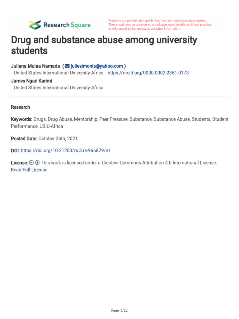 Drug and Substance Abuse Among University Students: Juliana Mulaa ...