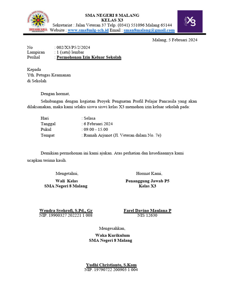 Surat Izin Keluar Sekolah | PDF