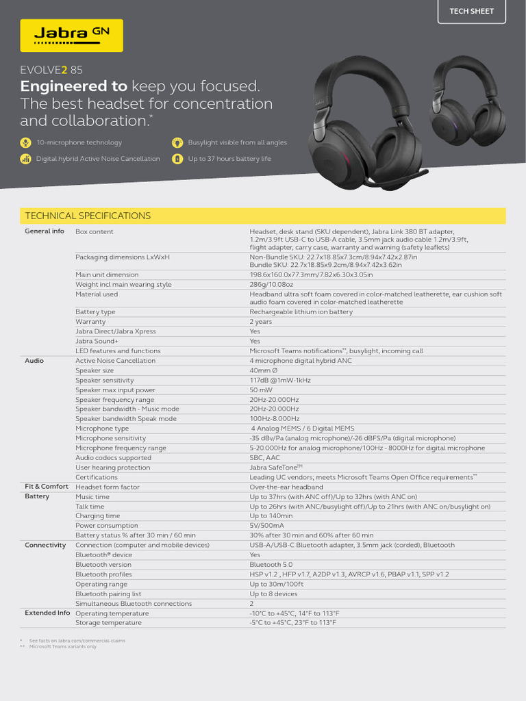 Evolve2 85 Tech Sheet | Download Free PDF | Bluetooth | Microphone