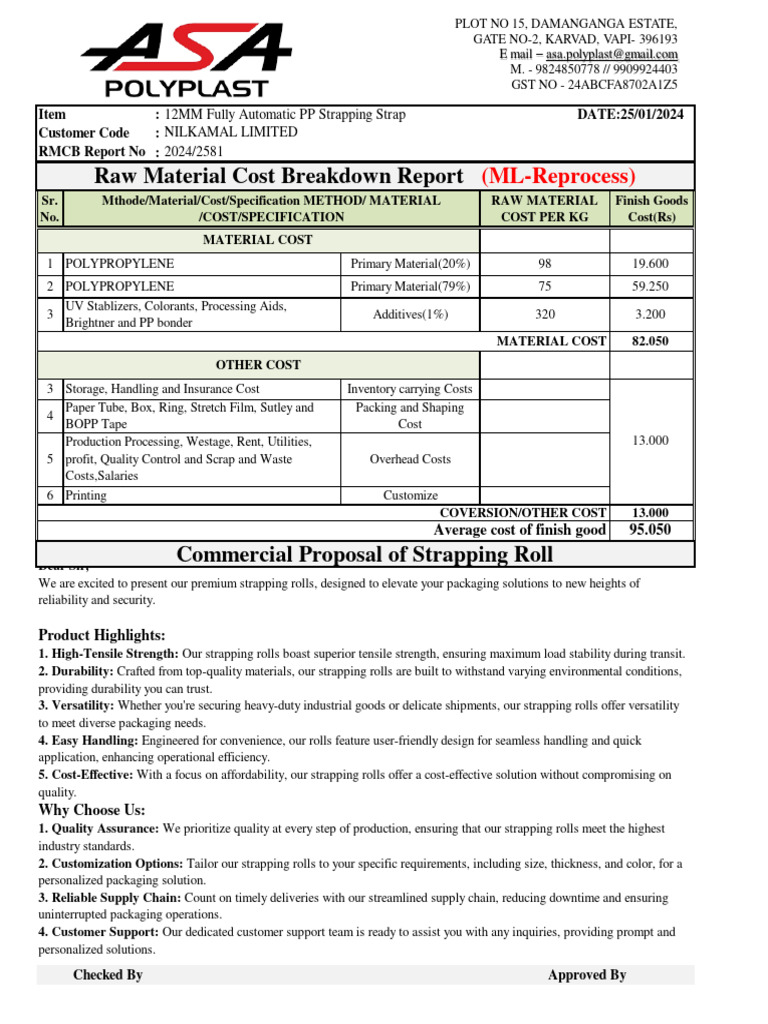 ML-RP, PP STRAPPING Raw Material Cost Breakdown Report | PDF