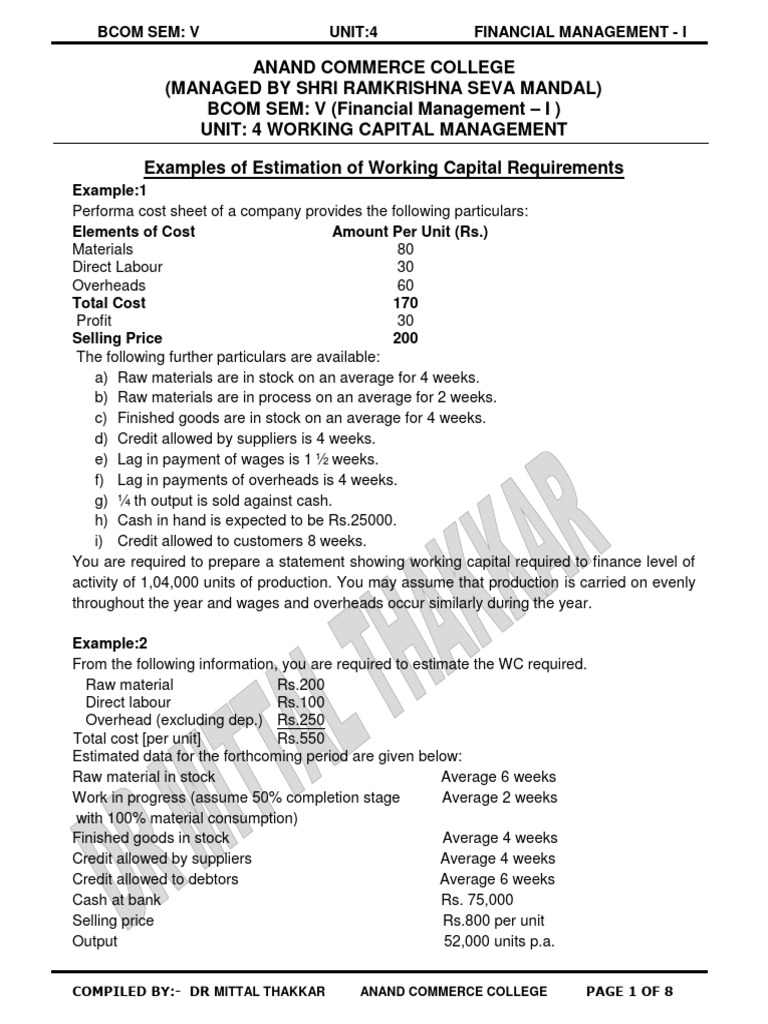 Bcom (Em) Sem 5 - FM I - Examples of Estimating WC - Acc - 2324 | PDF | Credit | Finance & Money ...