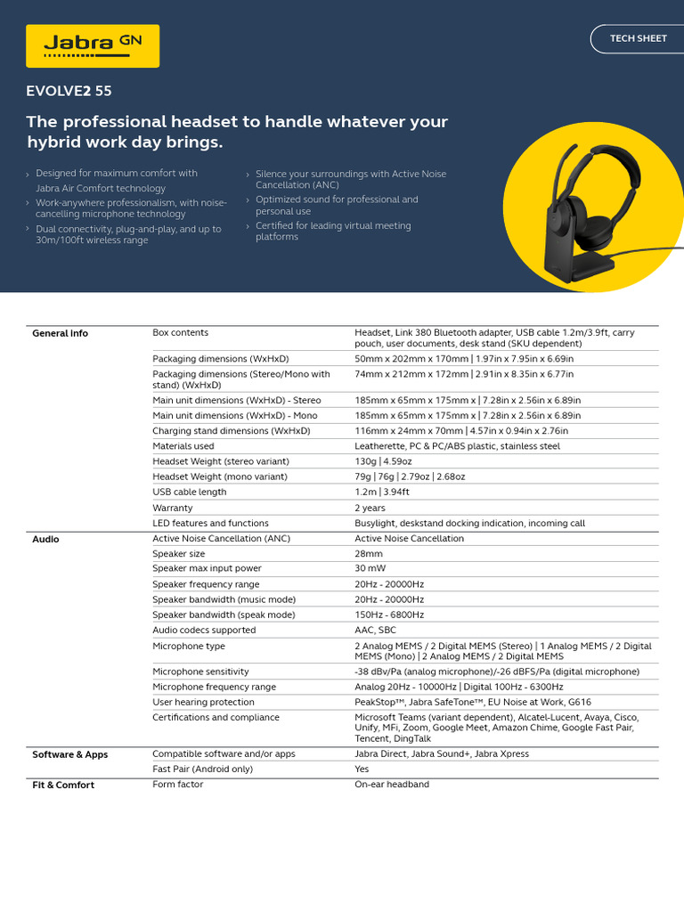 Tech Specs - Jabra Evolve2 55.en-Us.20230330 | PDF | Bluetooth | Microphone