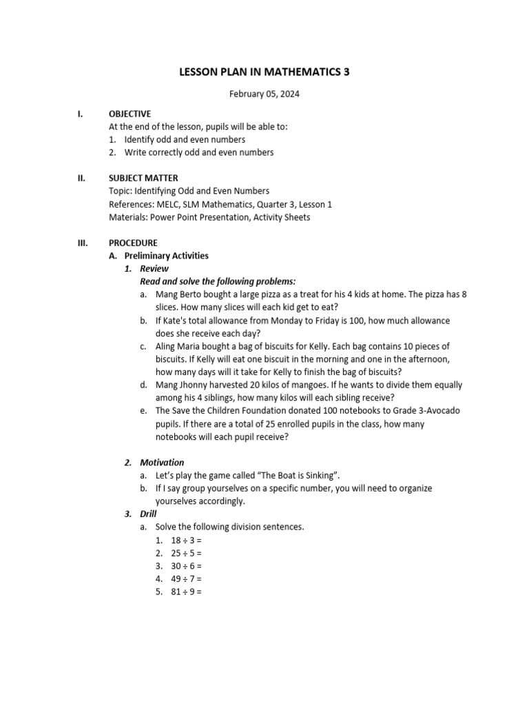 Grade 3 Odd and Even Numbers Lesson | PDF | Numbers | Mathematics