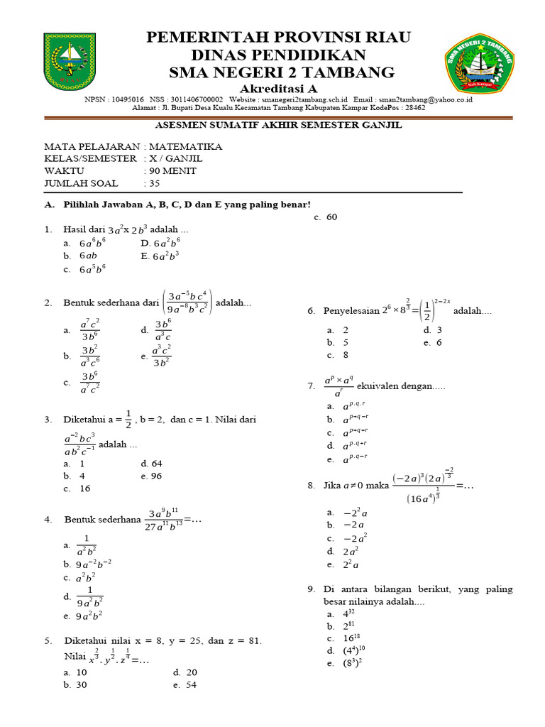 Soal Asas Matematika Kelas X Semester Ganjil TP 2023-2024 | PDF