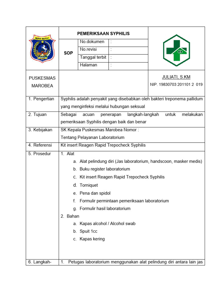 Sop Pemeriksaan Syphilis | PDF