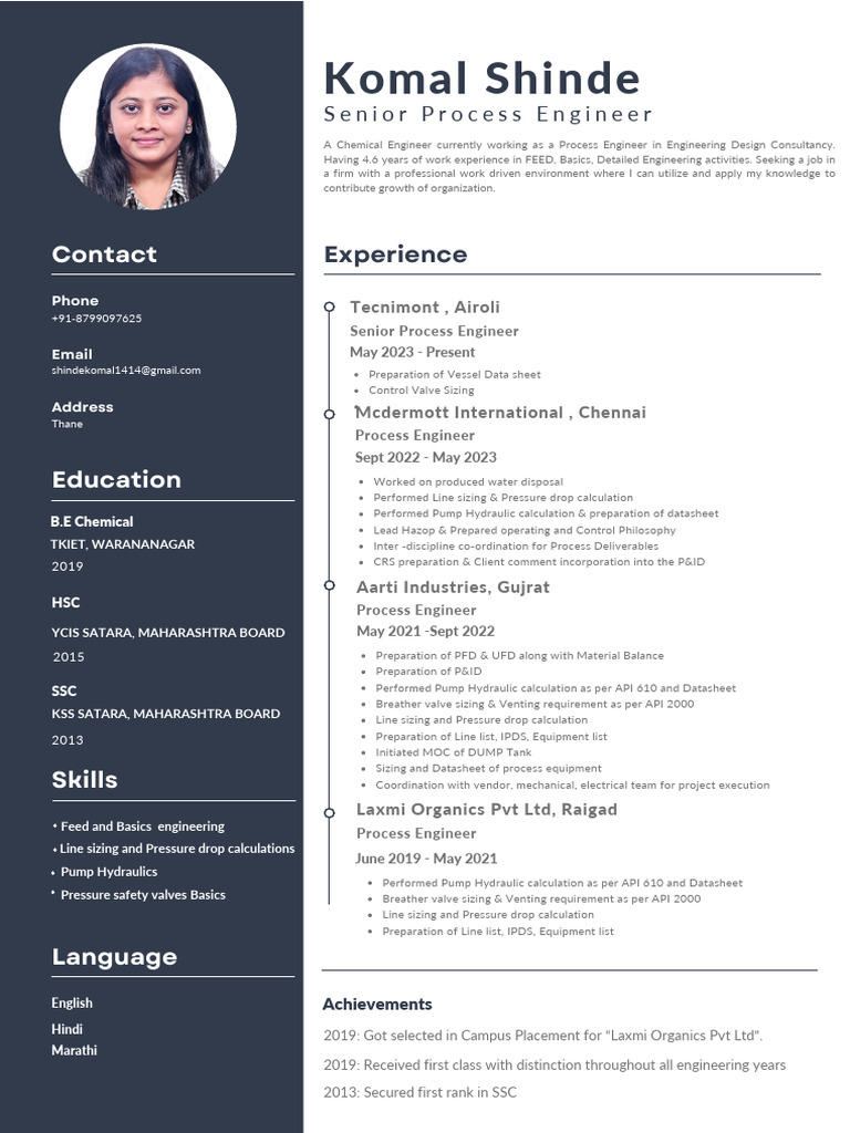 KOMAL SHINDE - CV For Process Engineer Post | PDF | Technology & Engineering