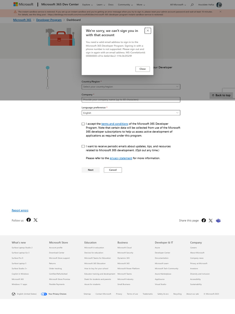 Join The Microsoft 365 Developer Program!: We're Sorry, We Can't Sign You in With That Account ...