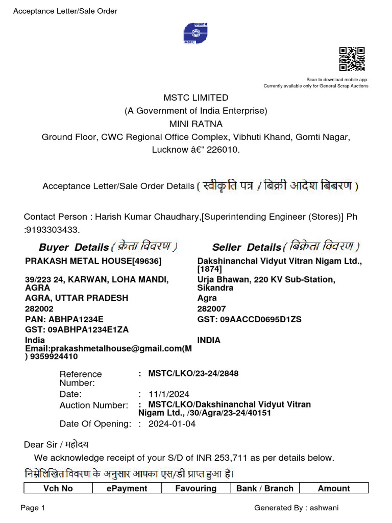 Signed AL MSTC LKO 23-24 2848 | PDF | Payments | Banks