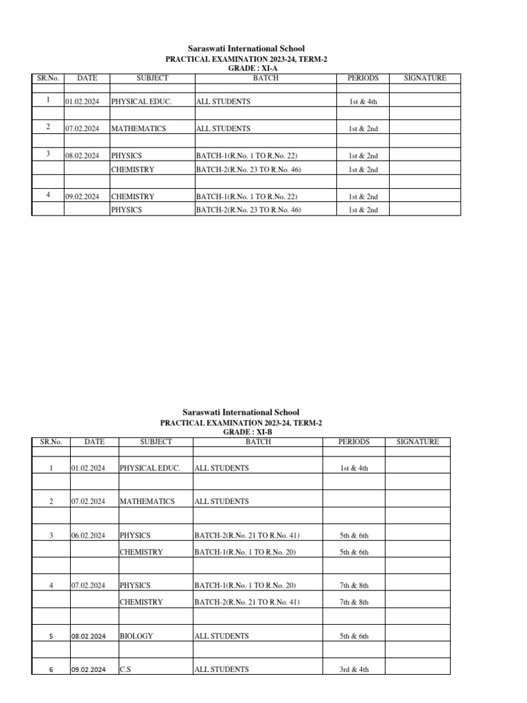 Practical Exam Schedule 2023-24 Term 2 | PDF